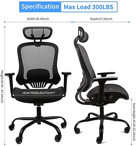 Ergousit Ergonomic Mesh Office Chair, High Back Desk Chair with Adjustable Height, Backrest and Lumbar Support, 3D Armrests,Swivel Executive Drafting Chair (Black)