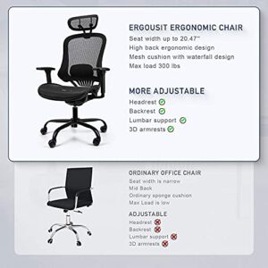 Ergousit Ergonomic Mesh Office Chair, High Back Desk Chair with Adjustable Height, Backrest and Lumbar Support, 3D Armrests,Swivel Executive Drafting Chair (Black)