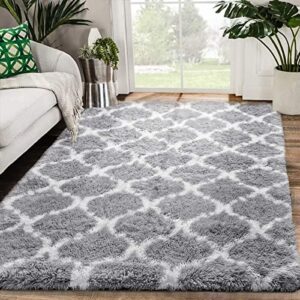 zareas soft geometric fluffy rugs for living room, 5x8 feet area rug, shag grey rug, shaggy bedroom rug, plush rug, modern moroccan fuzzy rugs for apartment, classroom, home office, dorm, room decor