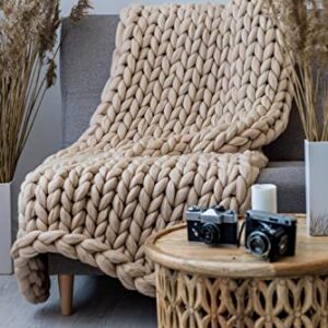 MLMGUO Knitted Throw Blanket for Sofa,Handmade Knit Chunky Blanket Throw Sofa Throw for Gift Sofa Bed,Chunky Knit Blanket(Camel 40"x60")