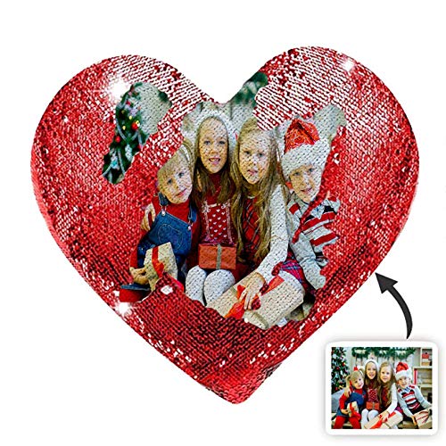 V2G1K2HJ.d Custom Photo Heart Shape Sequin Pillow Custom Sequin Magic Pillow Flip Pillow Pillow Magic Reversible Pillow Home Decoration Christmas Birthday Personalized Gift