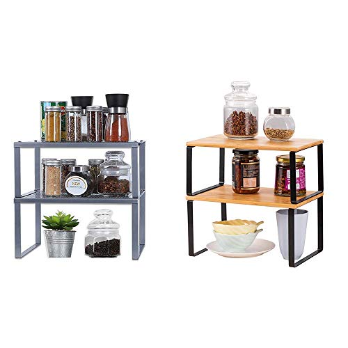 NEX Kitchen Shelf Organizer for Cabinet Counter Cupboard Pantry, Stackable & Expandable All Metal + Bamboo and Metal