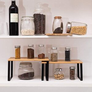 NEX Kitchen Shelf Organizer for Cabinet Counter Cupboard Pantry, Stackable & Expandable All Metal + Bamboo and Metal