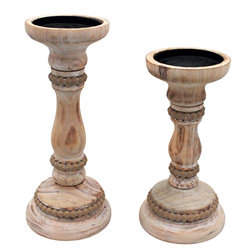 Funly mee Rustic Farmhouse Wooden Candle Holder ,13 Inch and 11 Inch Height Candlesticks with Decorative Bead (Set of 2)