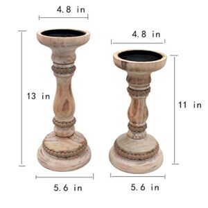 Funly mee Rustic Farmhouse Wooden Candle Holder ,13 Inch and 11 Inch Height Candlesticks with Decorative Bead (Set of 2)