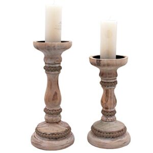 Funly mee Rustic Farmhouse Wooden Candle Holder ,13 Inch and 11 Inch Height Candlesticks with Decorative Bead (Set of 2)