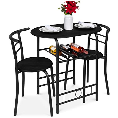 Best Choice Products 3-Piece Wooden Round Table & Chair Set for Kitchen, Dining Room, Compact Space w/Steel Frame, Built-in Wine Rack - Black