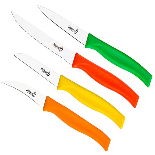 Slitzer Germany 4-Piece Kitchen Knife Set - German Stainless Steel Blades & Colorful Handles - Utility, Paring, Vegetable, & Beak Carving Knives