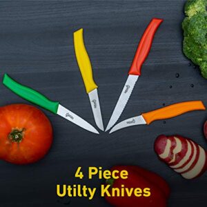 Slitzer Germany 4-Piece Kitchen Knife Set - German Stainless Steel Blades & Colorful Handles - Utility, Paring, Vegetable, & Beak Carving Knives