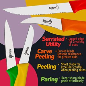 Slitzer Germany 4-Piece Kitchen Knife Set - German Stainless Steel Blades & Colorful Handles - Utility, Paring, Vegetable, & Beak Carving Knives