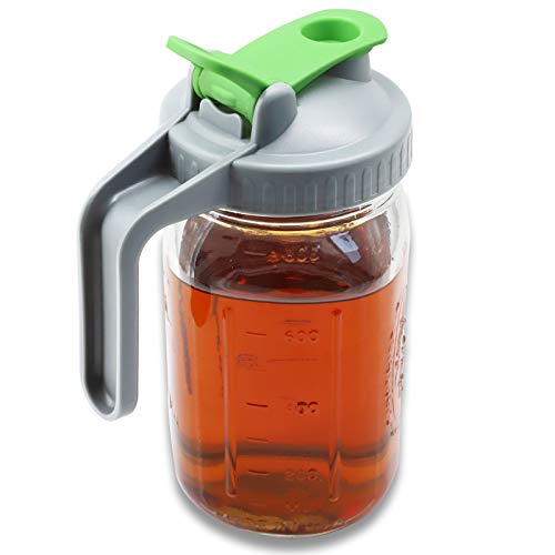 32 Oz Glass Mason Jars Pitcher With Handle Lids, 1 Quart Wide Mouth Jar Pitcher With Flip Cap Pour Spout For Cold Coffee Iced Tea Fridge Drinking Airtight & Leakproof