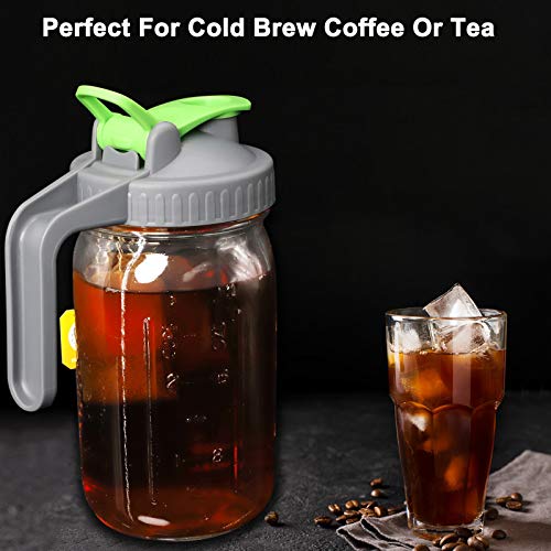 32 Oz Glass Mason Jars Pitcher With Handle Lids, 1 Quart Wide Mouth Jar Pitcher With Flip Cap Pour Spout For Cold Coffee Iced Tea Fridge Drinking Airtight & Leakproof