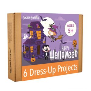 jackinthebox halloween crafts for kids | contains 6 chunky craft projects | great halloween costume for kids | incl. halloween cape, pumpkin pouch, skeleton glove, bat mask, spider hat & recipe only