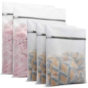 5pcs durable honeycomb mesh laundry bags for delicates (2 large 16 x 20 inches, 3 medium 12 x 16 inches)