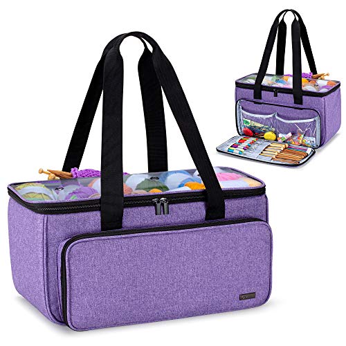 YARWO Knitting Yarn Bag, Crochet Tote with Pocket for WIP Projects, Knitting Needles(Up to 14”) and Skeins of Yarn, Purple (Bag Only)