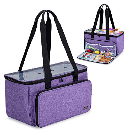 YARWO Knitting Yarn Bag, Crochet Tote with Pocket for WIP Projects, Knitting Needles(Up to 14”) and Skeins of Yarn, Purple (Bag Only)