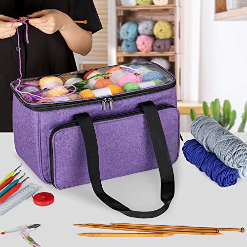 YARWO Knitting Yarn Bag, Crochet Tote with Pocket for WIP Projects, Knitting Needles(Up to 14”) and Skeins of Yarn, Purple (Bag Only)