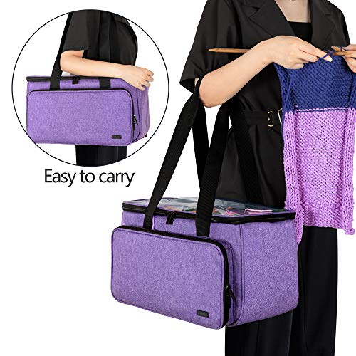 YARWO Knitting Yarn Bag, Crochet Tote with Pocket for WIP Projects, Knitting Needles(Up to 14”) and Skeins of Yarn, Purple (Bag Only)