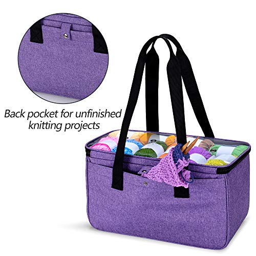 YARWO Knitting Yarn Bag, Crochet Tote with Pocket for WIP Projects, Knitting Needles(Up to 14”) and Skeins of Yarn, Purple (Bag Only)