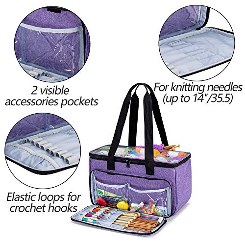 YARWO Knitting Yarn Bag, Crochet Tote with Pocket for WIP Projects, Knitting Needles(Up to 14”) and Skeins of Yarn, Purple (Bag Only)