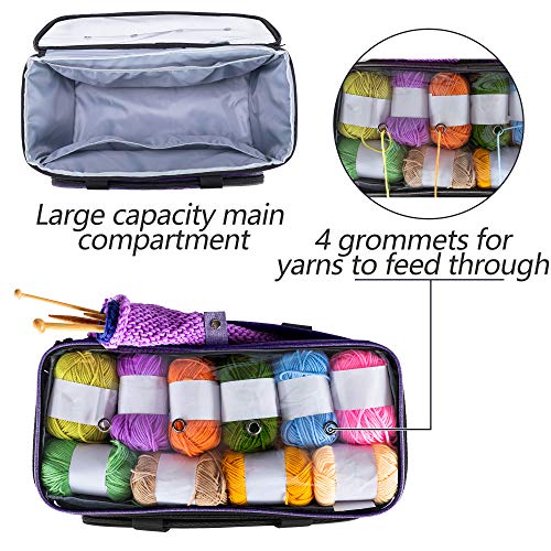 YARWO Knitting Yarn Bag, Crochet Tote with Pocket for WIP Projects, Knitting Needles(Up to 14”) and Skeins of Yarn, Purple (Bag Only)