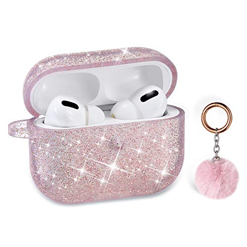 Airpods Pro Case, DMMG Airpods Pro Case Cover Silicone Skin for Girls Women,AirPods Protective Cute Bling Glitter Case with Fluff Ball Keychain,Scratch Proof for Apple Airpod Pro,Pink