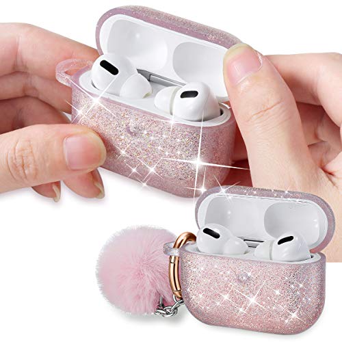 Airpods Pro Case, DMMG Airpods Pro Case Cover Silicone Skin for Girls Women,AirPods Protective Cute Bling Glitter Case with Fluff Ball Keychain,Scratch Proof for Apple Airpod Pro,Pink