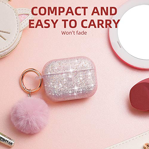 Airpods Pro Case, DMMG Airpods Pro Case Cover Silicone Skin for Girls Women,AirPods Protective Cute Bling Glitter Case with Fluff Ball Keychain,Scratch Proof for Apple Airpod Pro,Pink