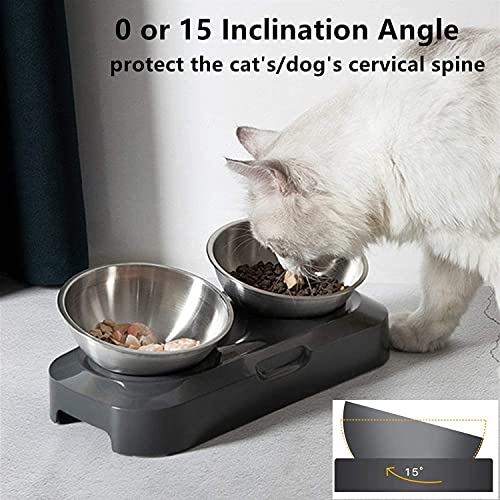 PewinGo Raised Cat Bowl with Stainless Steel, Non-Slip Silicone Mat & Raised Cat Feeder with 15° & 0° Tilting Neck Protective Bowl for Pets, Cats Food and Water Feeding