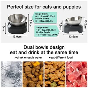 PewinGo Raised Cat Bowl with Stainless Steel, Non-Slip Silicone Mat & Raised Cat Feeder with 15° & 0° Tilting Neck Protective Bowl for Pets, Cats Food and Water Feeding