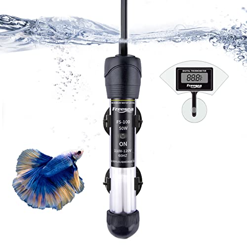 FREESEA Aquarium Fish Tank Heater: 50 Watt Submersible Betta Heater - Adjustable Thermostat with Thermometer for 5-15 Gallon Marine | Saltwater | Freshwater