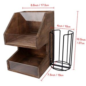 Vencipo 2-Tier Coffee Condiment Organizer with Metal Vertical Coffee Cups Rack, Wooden Counter Top Tea Bag Storage Station for Holds Beverage Bags, Packets, Spices, Pods, Condiment Accessories Holder.