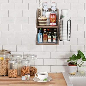 Vencipo 2-Tier Coffee Condiment Organizer with Metal Vertical Coffee Cups Rack, Wooden Counter Top Tea Bag Storage Station for Holds Beverage Bags, Packets, Spices, Pods, Condiment Accessories Holder.