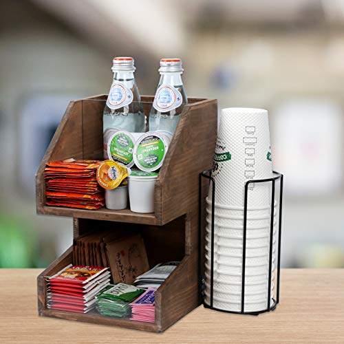 Vencipo 2-Tier Coffee Condiment Organizer with Metal Vertical Coffee Cups Rack, Wooden Counter Top Tea Bag Storage Station for Holds Beverage Bags, Packets, Spices, Pods, Condiment Accessories Holder.