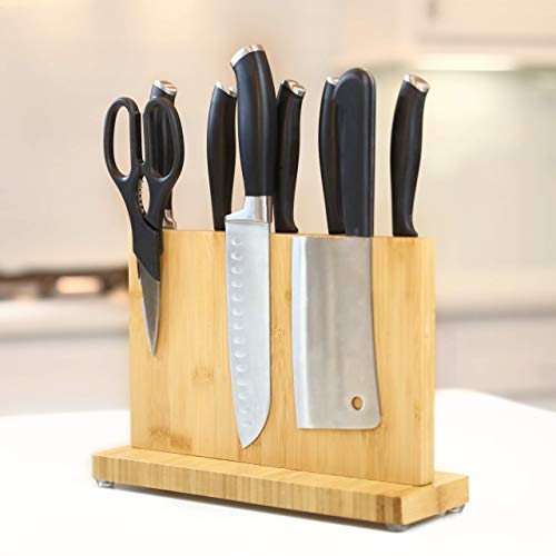 Bamboo Magnetic Knife Block Without Knives - Universal Space Saving Stand for Steak Knives and Cutlery - Kitchen Organizer for Counter or Under Cabinet Storage - Extra Strong Magnetic Knife Holder 