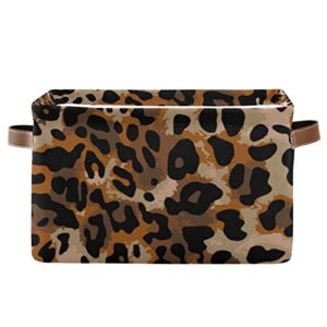 alaza decorative basket rectangular storage bin, jaguar cheetah animal skin leopard colored organizer basket with leather handles for home office