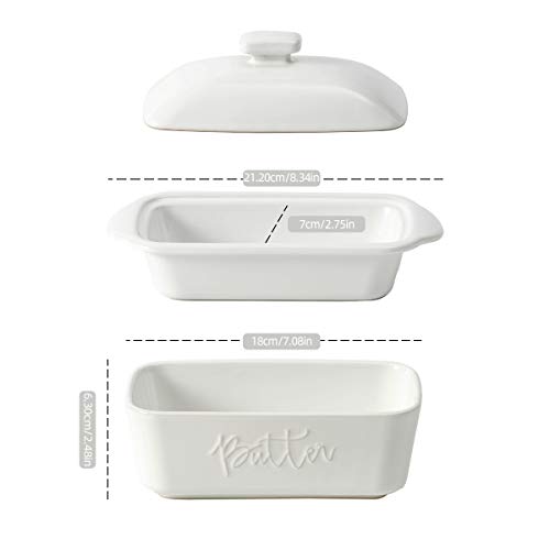 FE Butter Dish, 10 oz Ceramic Butter Keeper with Water Line, French Butter Dish with Lid for Countertop (White)