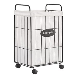 mxfurhawa iron wire laundry hamper with rolling lockable wheels, folding laundry storage basket with handles,detachable liner collapsible dirty laundry hamper cart sorter clothes basket organizer (23.6 inches)