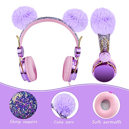 Kids Headphones, Purple POM POM Bear Ear 2020 Upgraded w/Adjustable Headband, Over On Ear Headset w/Mic for Girls/Teens/School/Kindle/Tablet/PC (Wired)