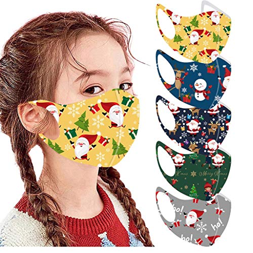 Mallocat 5PC Kids Face_Masks Christmas Print Breathable Seamless Reusable Washable Cotton Cloth Face Bandanas Shields Protective for Children Students Back to School