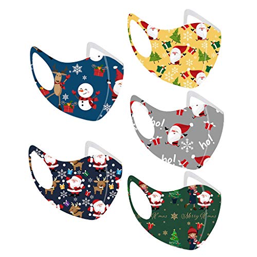 Mallocat 5PC Kids Face_Masks Christmas Print Breathable Seamless Reusable Washable Cotton Cloth Face Bandanas Shields Protective for Children Students Back to School