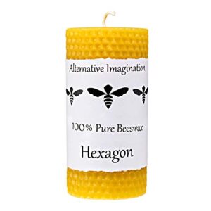 alternative imagination 100% pure beeswax pillar candle (2x5 inch), 55 hour, hexagon design, hand-poured, made in usa