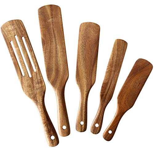 Wooden Cooking Utensils, NAYAHOSE 5 Pcs Natural Teak Kitchen Utensil Set Heat Resistant Non Stick Wood Cookware with Hanging Hole, Slotted Spurtle Spatula Sets for Stirring, Mixing, Serving