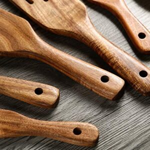 Wooden Cooking Utensils, NAYAHOSE 5 Pcs Natural Teak Kitchen Utensil Set Heat Resistant Non Stick Wood Cookware with Hanging Hole, Slotted Spurtle Spatula Sets for Stirring, Mixing, Serving