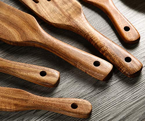 Wooden Cooking Utensils, NAYAHOSE 5 Pcs Natural Teak Kitchen Utensil Set Heat Resistant Non Stick Wood Cookware with Hanging Hole, Slotted Spurtle Spatula Sets for Stirring, Mixing, Serving