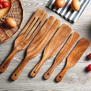 Wooden Cooking Utensils, NAYAHOSE 5 Pcs Natural Teak Kitchen Utensil Set Heat Resistant Non Stick Wood Cookware with Hanging Hole, Slotted Spurtle Spatula Sets for Stirring, Mixing, Serving