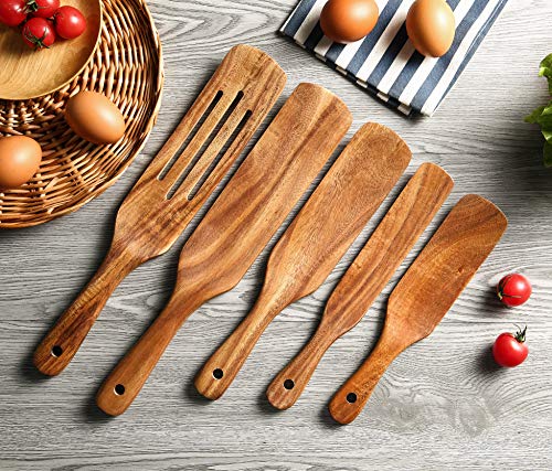 Wooden Cooking Utensils, NAYAHOSE 5 Pcs Natural Teak Kitchen Utensil Set Heat Resistant Non Stick Wood Cookware with Hanging Hole, Slotted Spurtle Spatula Sets for Stirring, Mixing, Serving