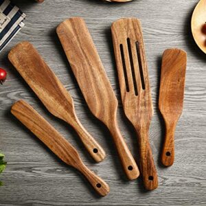 Wooden Cooking Utensils, NAYAHOSE 5 Pcs Natural Teak Kitchen Utensil Set Heat Resistant Non Stick Wood Cookware with Hanging Hole, Slotted Spurtle Spatula Sets for Stirring, Mixing, Serving