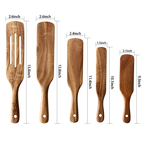 Wooden Cooking Utensils, NAYAHOSE 5 Pcs Natural Teak Kitchen Utensil Set Heat Resistant Non Stick Wood Cookware with Hanging Hole, Slotted Spurtle Spatula Sets for Stirring, Mixing, Serving