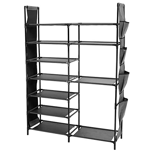 YCOCO Shoe Rack,16-25 Pairs Shoe Storage Organizer,7 Tiers Shoe Stand Stackable Shoe Shelf With Side Hanging Storage Bag for Closet,Entryway and Hallway,Black